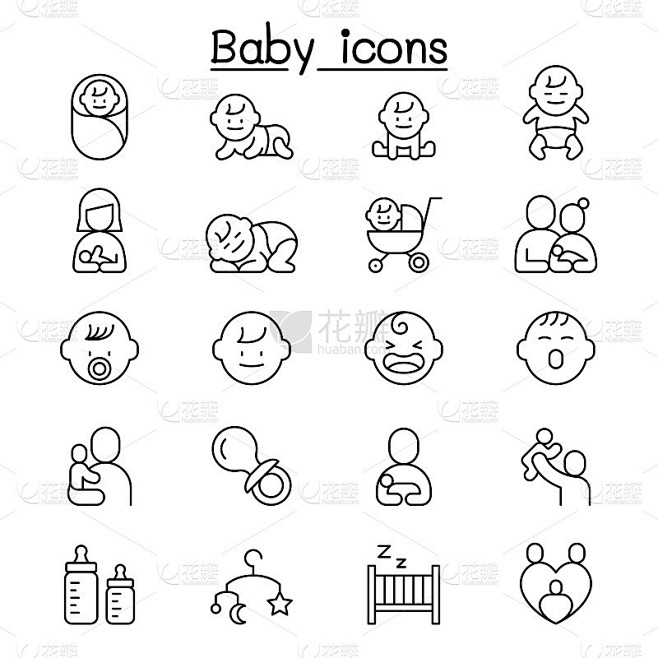 Baby, Infant icon set in thin line style