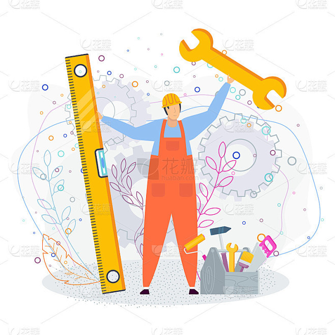 Man in a working helmet and overalls with huge too