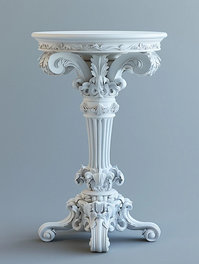 A 3D rendering of a small round table with white Baroque style carved ...