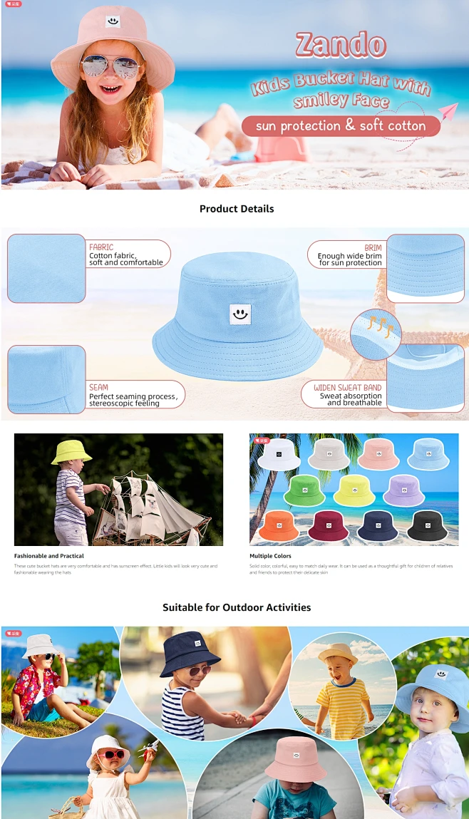 Amazon.com: Zando Bucket Hats for Kids Cotton Smile Face Visor Bucket Hat for Girls Boys Cute ...