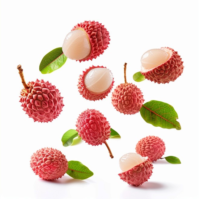 open lychees flying on a white background