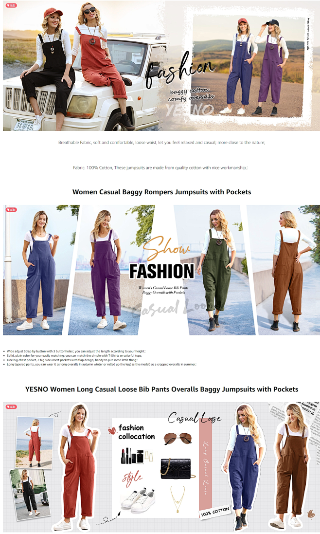 Amazon.com: YESNO 女式休闲宽松围兜裤工装裤宽松连身衣带口袋, 0- Pv9 黑色 : 服装、鞋靴和珠宝饰品