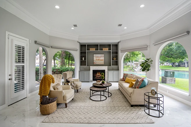 Living room - huge transitional open concept white floor and tray ...