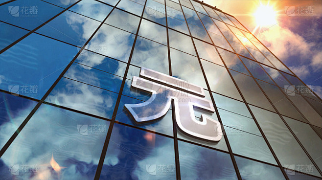 玻璃摩天大楼上的人民币符号与镜像天空插图