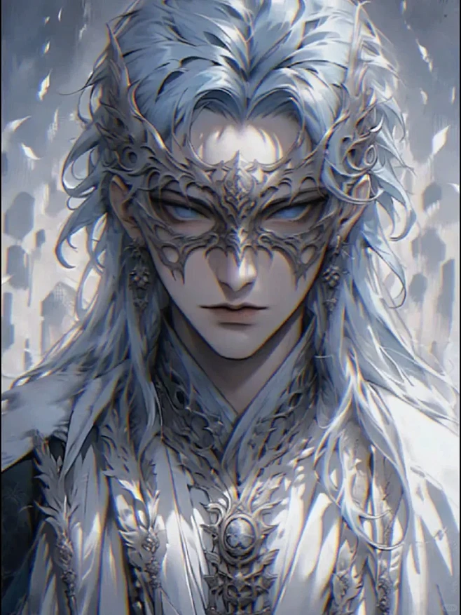 【Vega AI】关键词:银发古风少年男，蓝色眼睛，羽毛环绕，带有面具 _出图来自VegaAI创作平台 #ai关键词 #VegaAI创作平台 ...