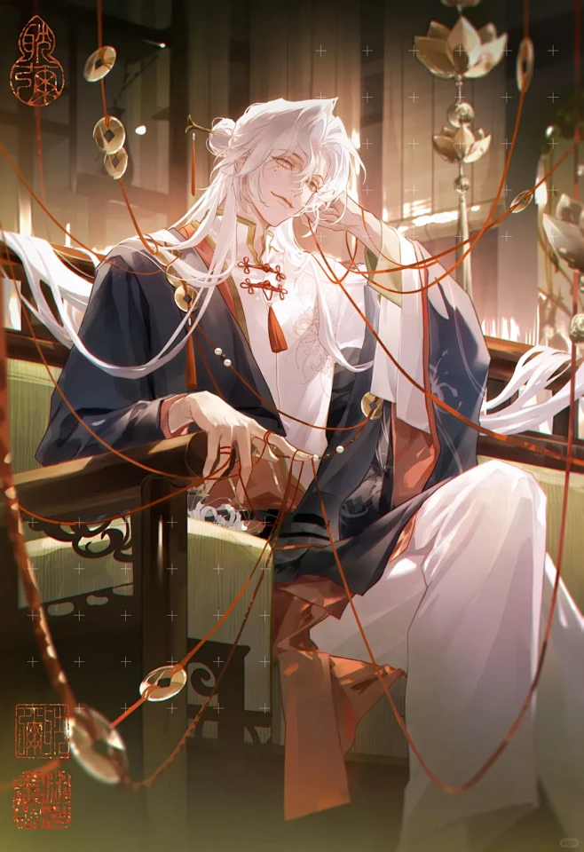 古风美男手绘 白发 眼下痣 坐姿 红绳 铜钱 莲花 插画漫画-花瓣网