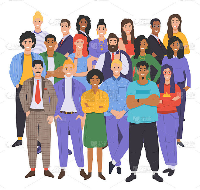 多文化人群。不同种族和文化的人。卡通人物设置在平面设计风格。向量