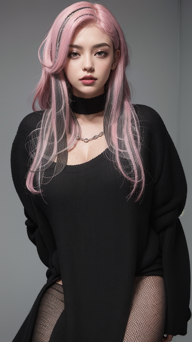 00090-533143417-A big boobs girl with pink hair Wearing sexy black clothes