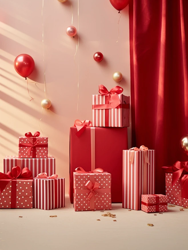 Gifts with red boxes and gold foil on a shelf, in the style of ...
