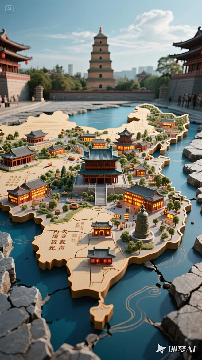jimeng-2025-06-14-472-撕裂石纹效果再最边上一点 中间是 西安的地标建筑 ，有一个巨大的长安历史版图，版图上面有微观景，大雁塔，钟楼，不夜城等 大唐梵音的文化特色 3D设-花瓣网