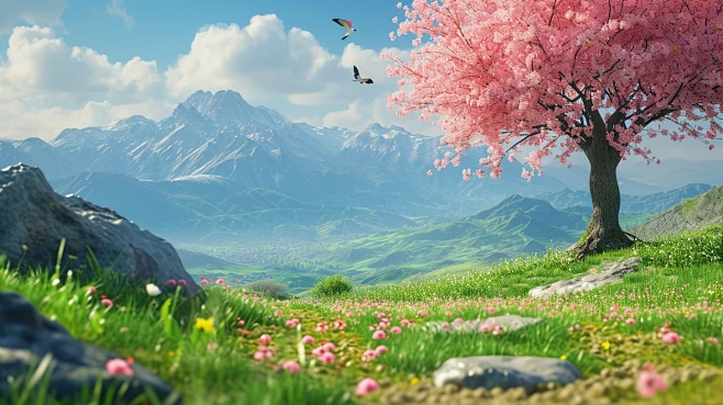 Scene for the spring screensaver of TV channels, Spring, mountains in ...