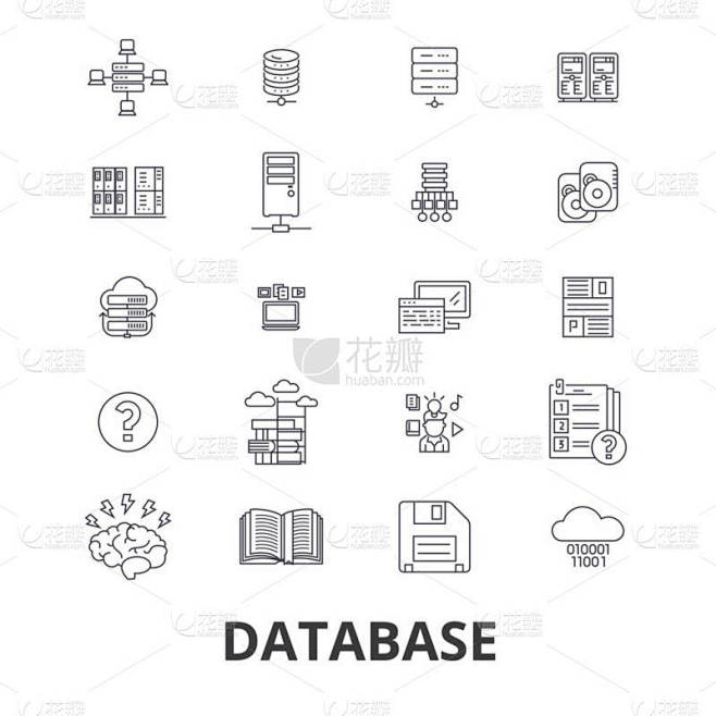 数据库，数据管理，托管，技术、 数据库、 服务器、 存储、 备份行图标。可编辑的笔画。平面设计矢量图