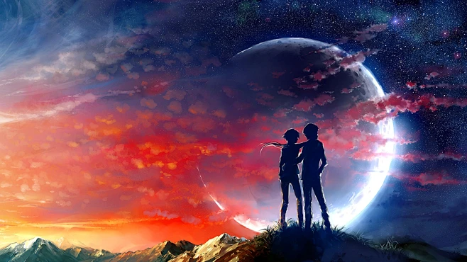 Anime 1920x1080 Moon sky sunset图片_H E L L O图片素材-花瓣网