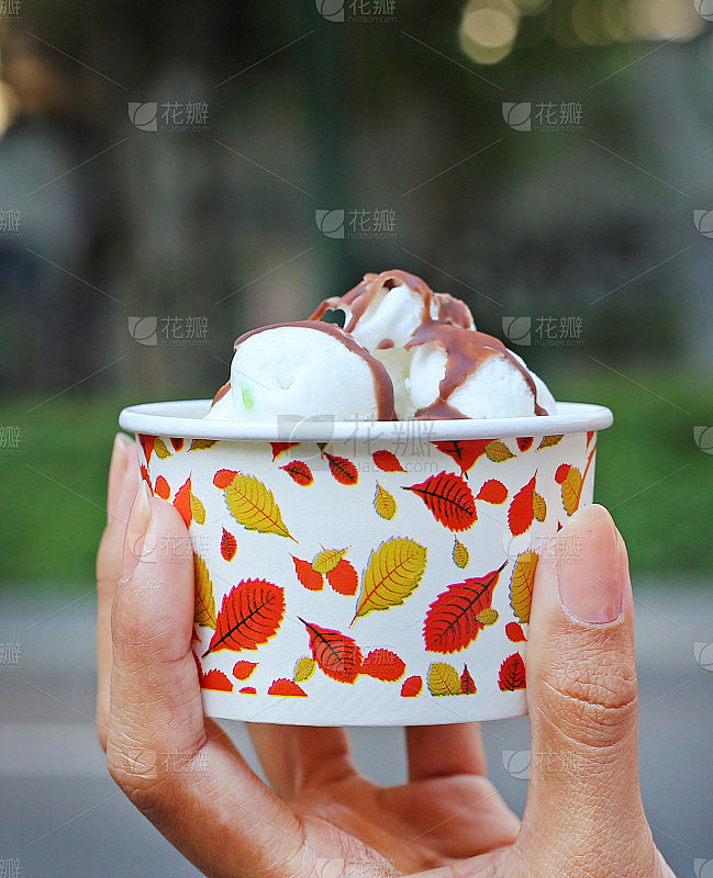 冰淇淋杯。手里拿着香草和牛奶冰淇淋。