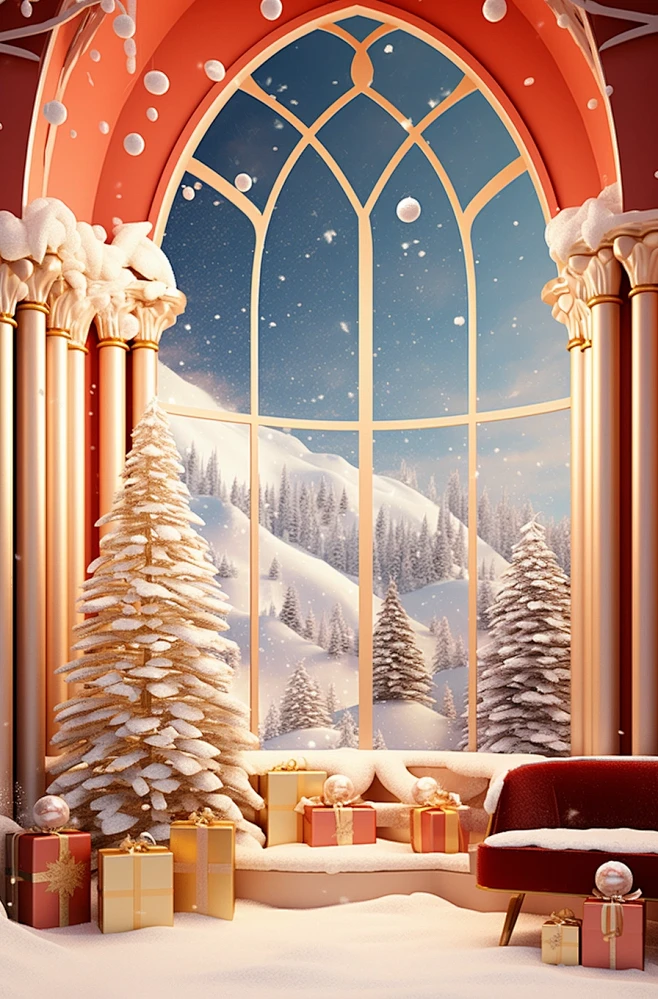 Christmas room christmas scene, in the style of vibrant stage backdrops ...