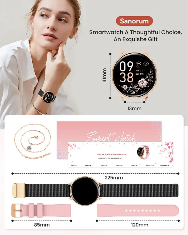 Sanorum Smartwatch Damen, 1.27" HD Screen Armbanduhr mit ...