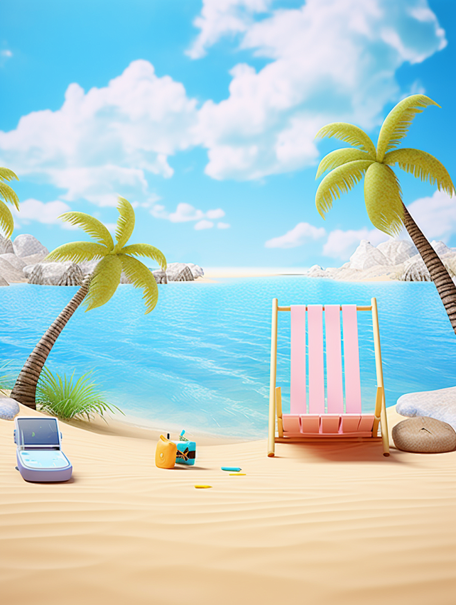 Beach, beach, surfboard, deck chair, coconut tree, camera, suitcase ...