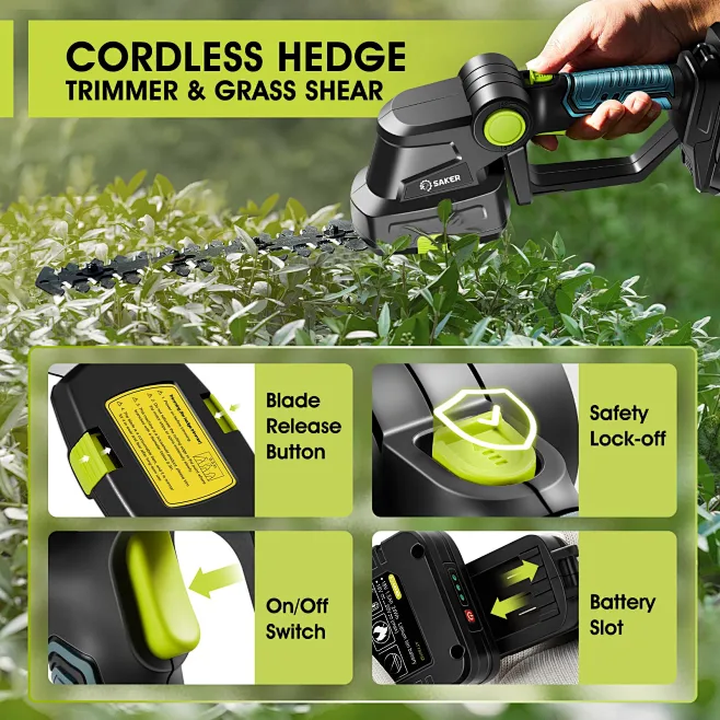 Amazon.com : Saker Cordless Hedge Trimmer-20V Electric Shrub Trimmer ...
