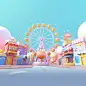 Cities, amusement parks, roads, sunlight, close-up, Bubble Mart style ...