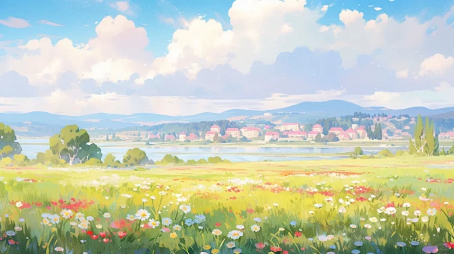 Beautiful flower field, small town in the distance, sunny day ...