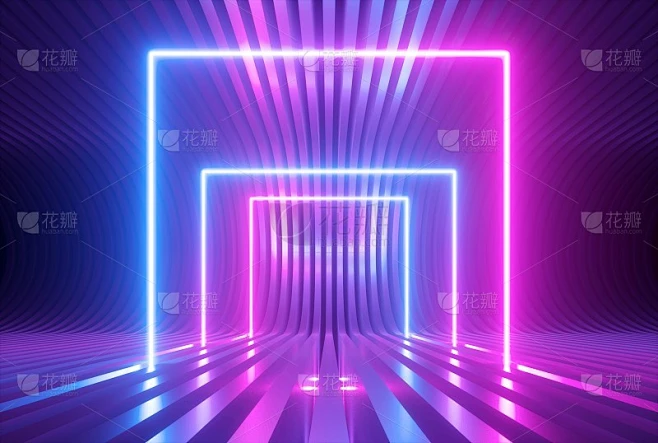 3d渲染，粉蓝紫霓虹灯抽象背景与发光的方形形状，紫外线，激光表演舞台，地板反射，空白矩形框架门素材-花瓣网