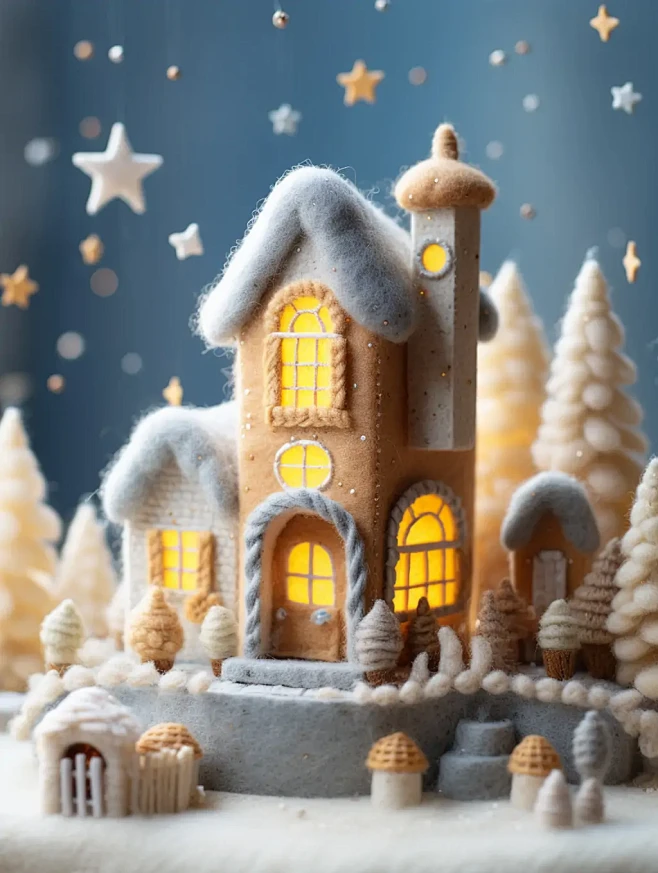 A little felt house on the snow, in the style of whimsical animation ...