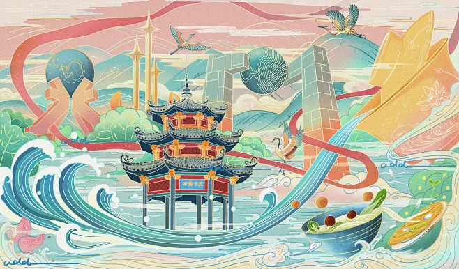 潮汕汕头城市主题国风插画-古田路9号-品牌创意/版权保护平台-花瓣网