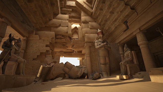 埃及文明古遗迹时间圣殿神殿神像建筑3D模型的渲染材质灯光