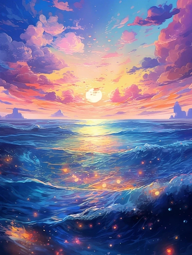 the image is a pastel colored scene of ocean with stars in the sky, in ...
