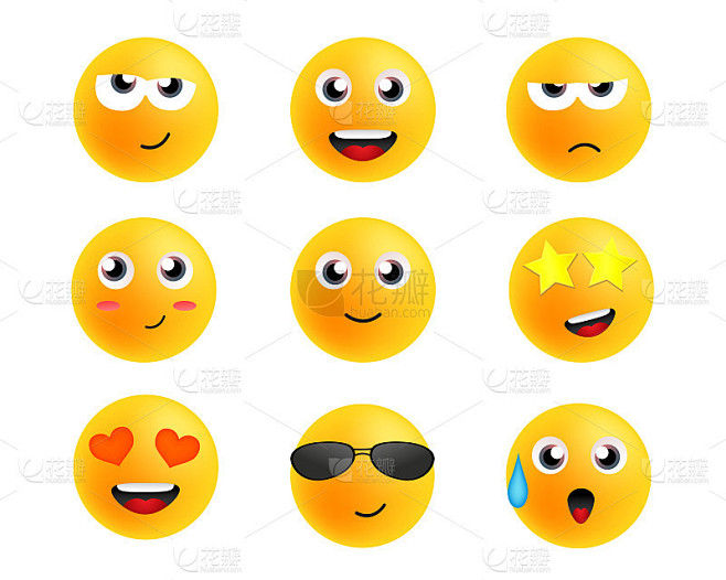 可爱的卡通表情。微笑的图标。Emoji向量组素材-花瓣网