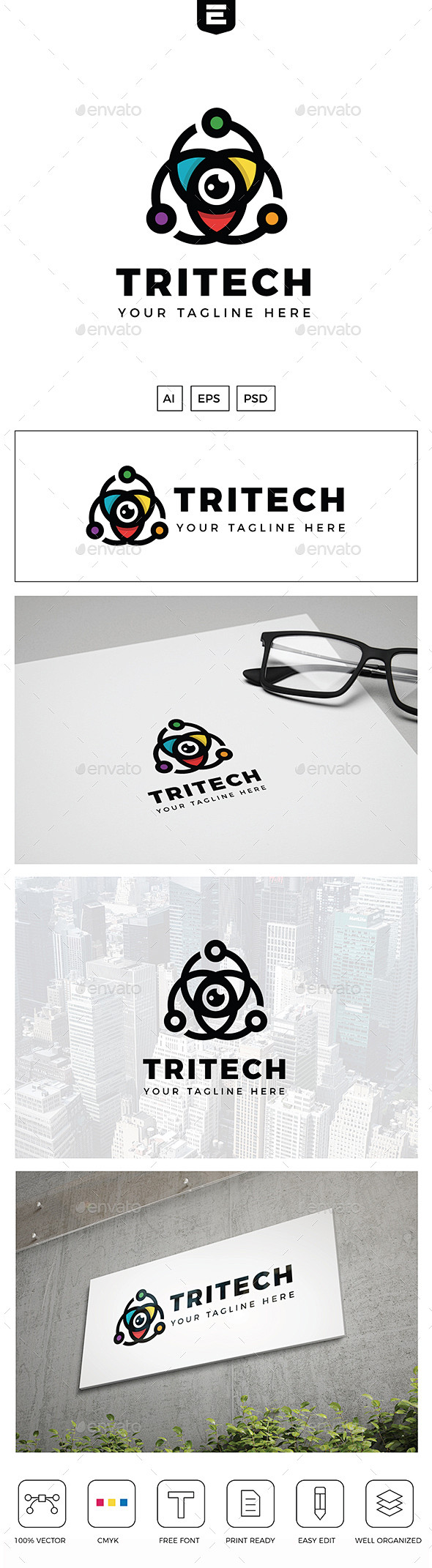 三一眼睛标志——符号标志模板Trinity Eye Logo - Symbols Logo Templates应用、品牌、品牌、业务、五颜六色 ...