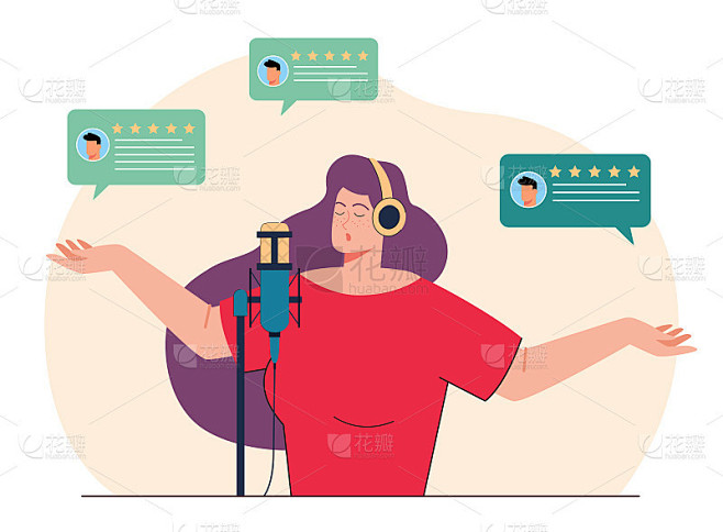 女孩在录音室的麦克风唱歌平面矢量插图