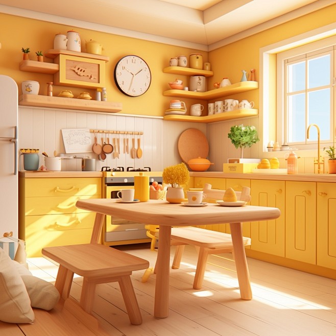 Unmanned, Warm yellow interior,Ranch Wood Style， Matte texture，Joyful ...