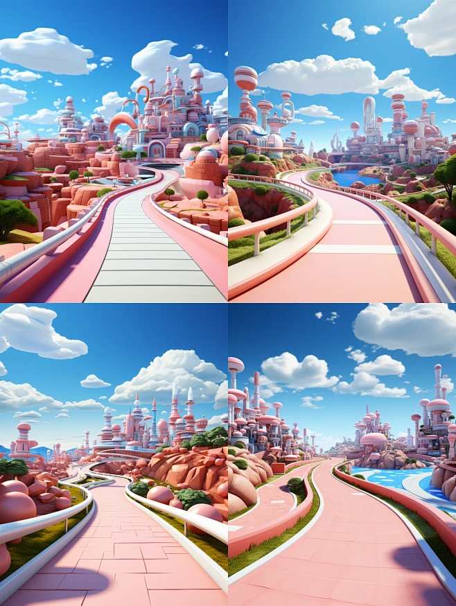 Super mini cartoon 3D stage road scene,3D model,Extra long shot,Winding ...