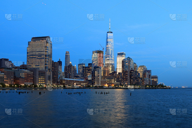 世界贸易中心,水,天空,美国中大西洋地区,美国,水平画幅,码头,云,夜晚,无人