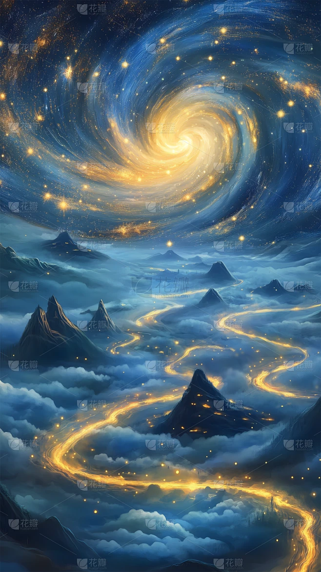 风光系列梦幻感蓝色鎏金星河星空素材-花瓣网