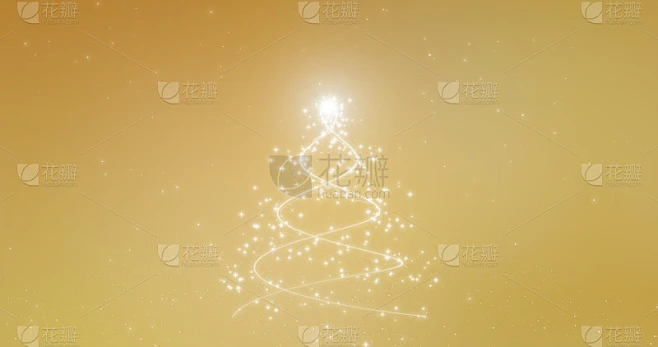 仿空间动态圣诞树为寒冷的冬季新年圣诞佳节装饰庆祝以黑色背景覆盖和豪华的金色，绿色主题以白色闪亮的星星素材-花瓣网