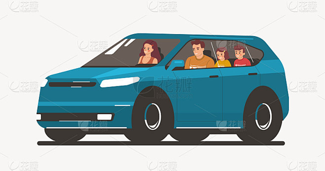 一家人单独坐在一辆SUV里。矢量图