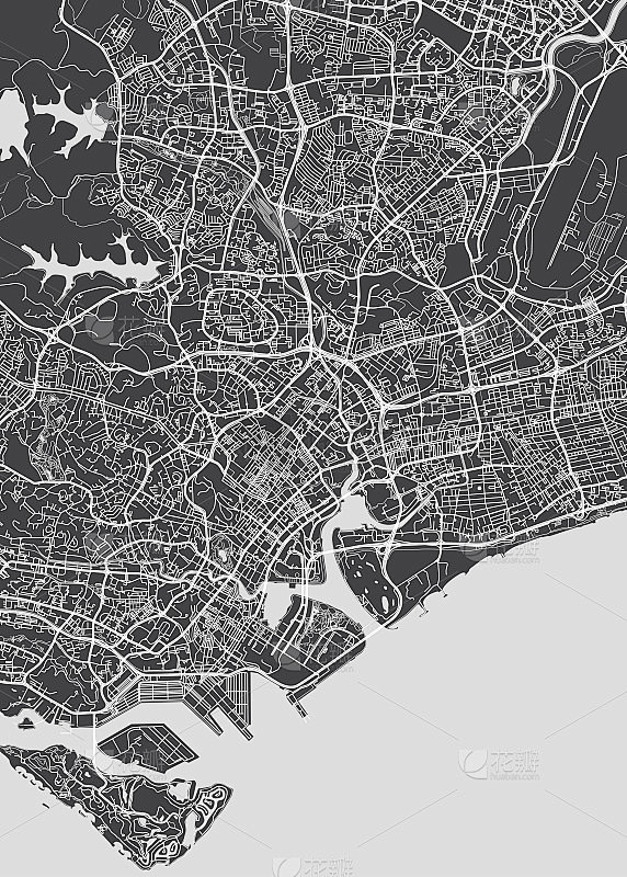 新加坡城市地图，单色详细平面图，矢量图