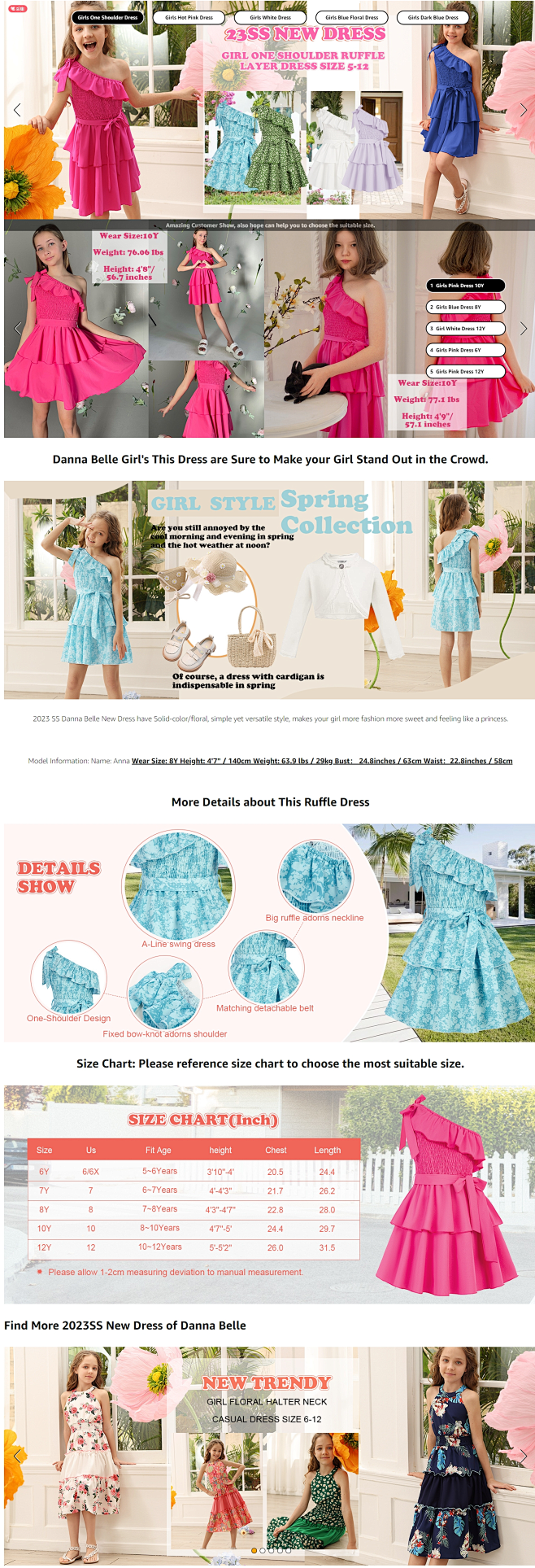 Amazon.com: Girls Floral Dresses Size 7-8 Girl's One Shoulder Boho ...