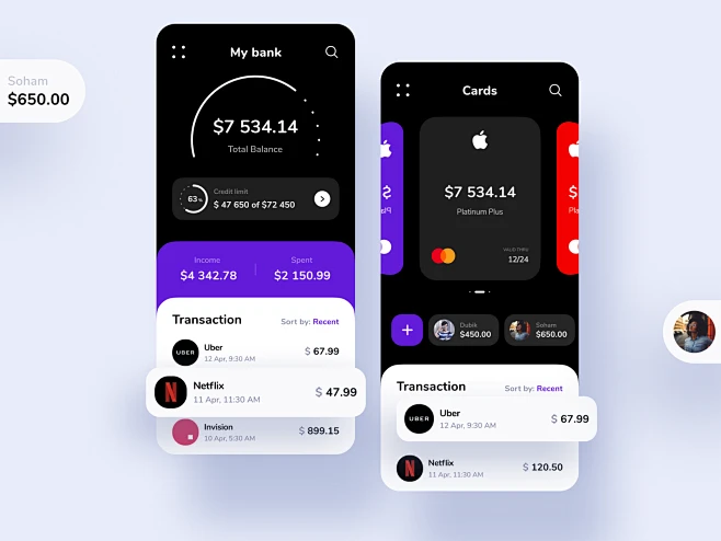 Mobile Bank money transaction credit cards wallet bank app concept ux ...