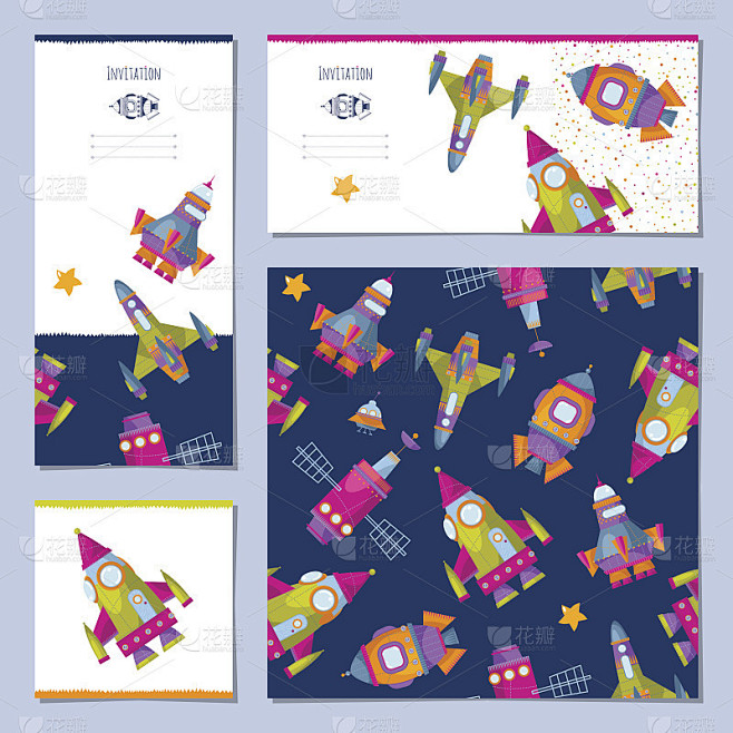 一套万能卡片与太空玩具火箭。生日，周年，儿童聚会，恭喜。模板。
