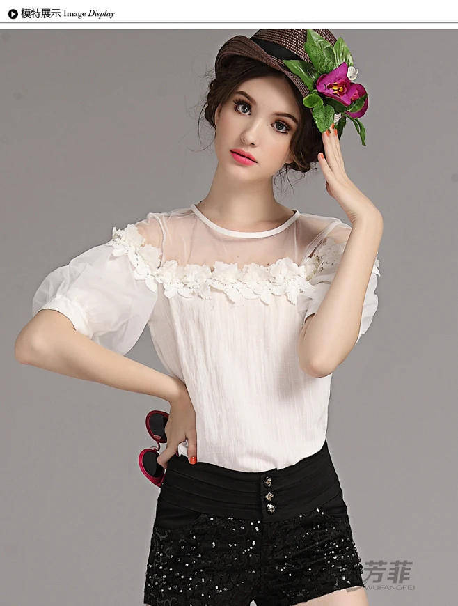 妩芳菲欧洲站2015季新款小清新雪纺衫女士短袖欧根纱雪纺衫女上衣-tmall.com天猫-花瓣网