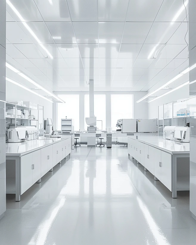 scene modern hygenic sterile lab research science lab, canon 1dx, 50mm lens, wide, white ...