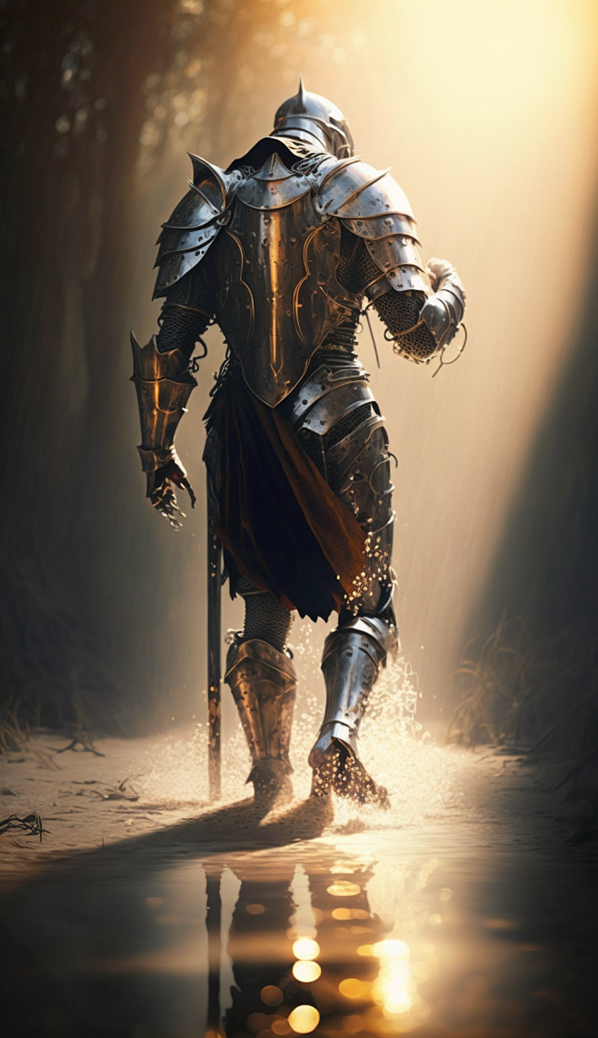 a knight with shiny armour walking through water, sun reflection, water ...