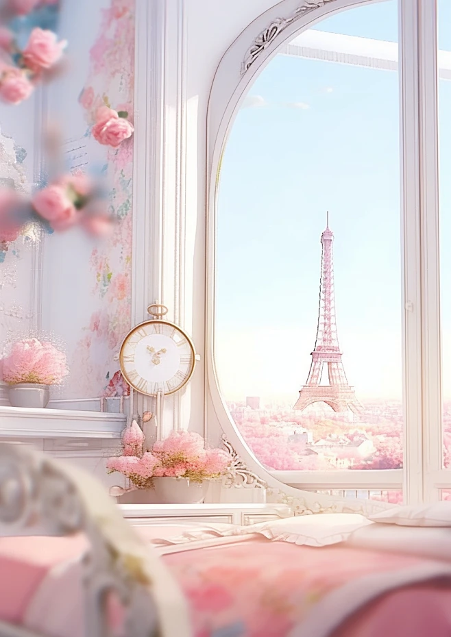 eiffel tower and roses embroidered in the ceiling of a bedroom, in the ...