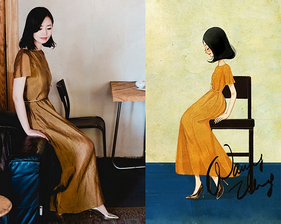 Nancy Zhang - Yohji Yamamoto Dres, Prada Heels - Woman in gold dress.-花瓣网