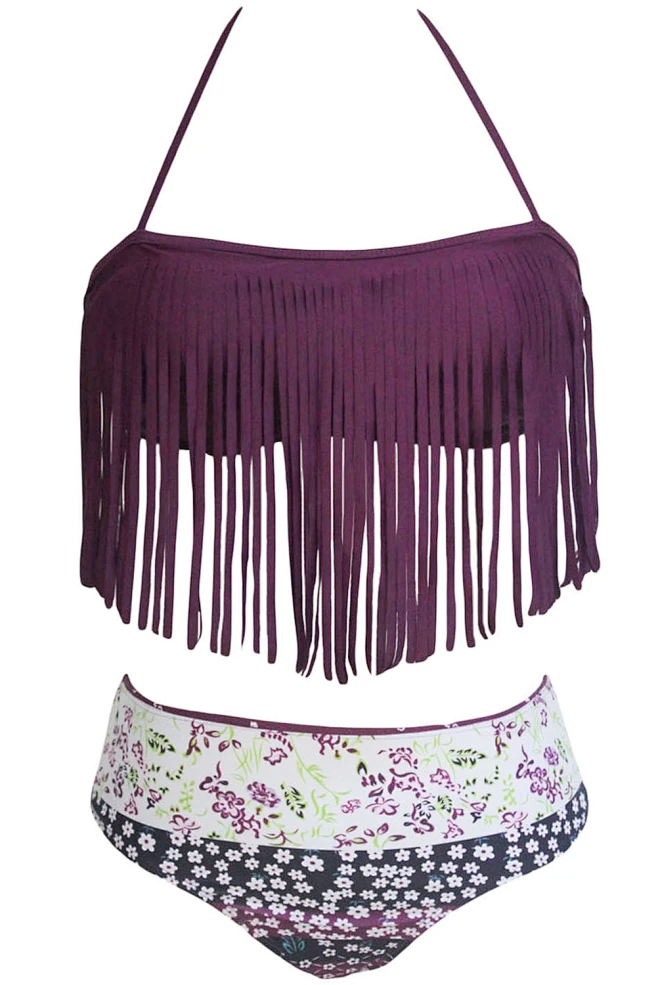Dark Purple Halter Fringed Floral Printed Bikini Swimsuit - OASAP.com ...