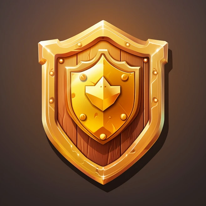 a cartoon badge shield , game icon, inner part is wood and frame is ...