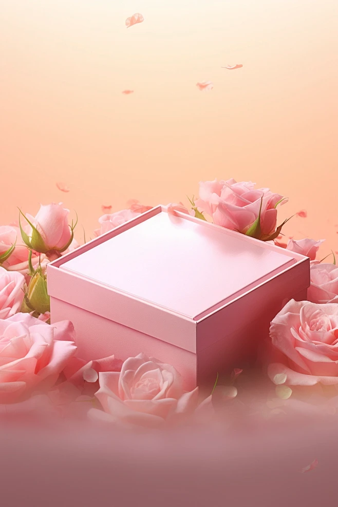 An empty pink gift box surrounded on roses, in the style of realistic ...